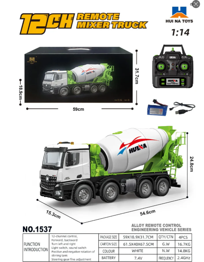 Huina 1537 PRO 1:14 Alloy RC Cement Mixer Truck Large 8-Wheel Heavy ...
